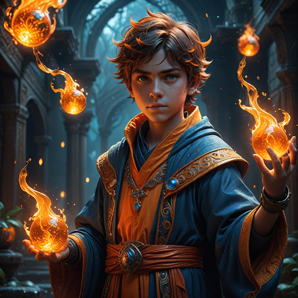 Young Sorcerer Mastering Elemental Magic in a Vibr... - AI Art