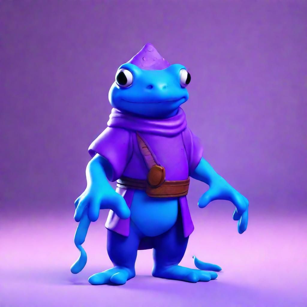 Cartoony Purple frog with blue spots anthropomorphic with bright blue ...