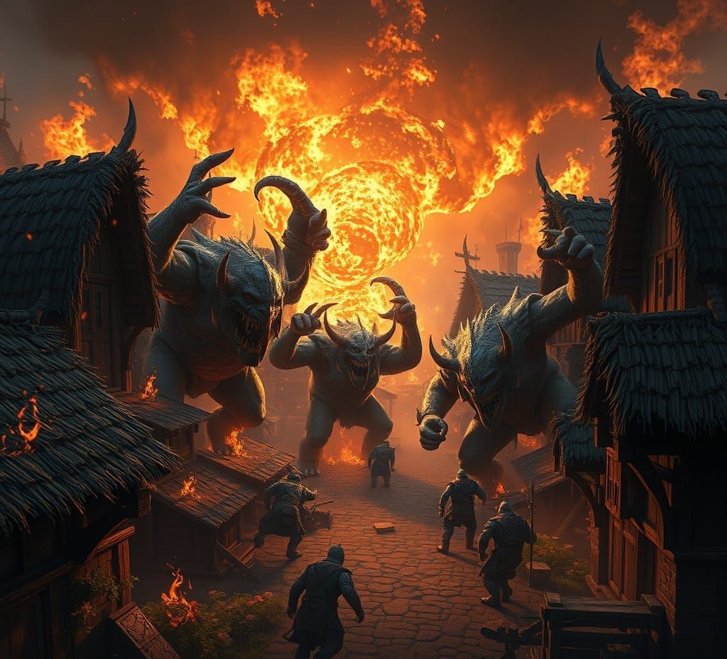 ogres - Dark Fantasy Ogres Unleash Chaos in Medieval Village