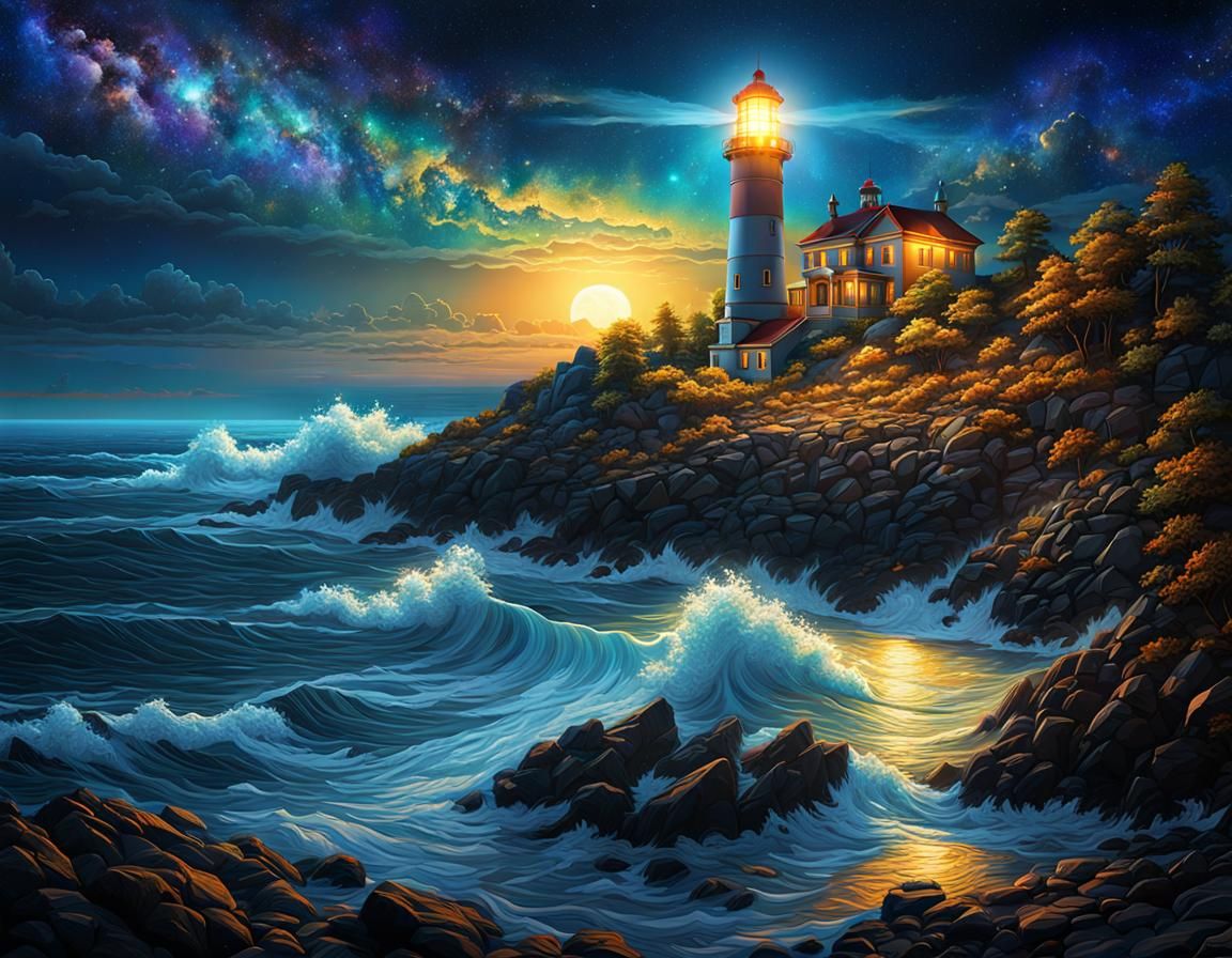 colorized seascape at night, lighthouse on a rocky shoreline ...