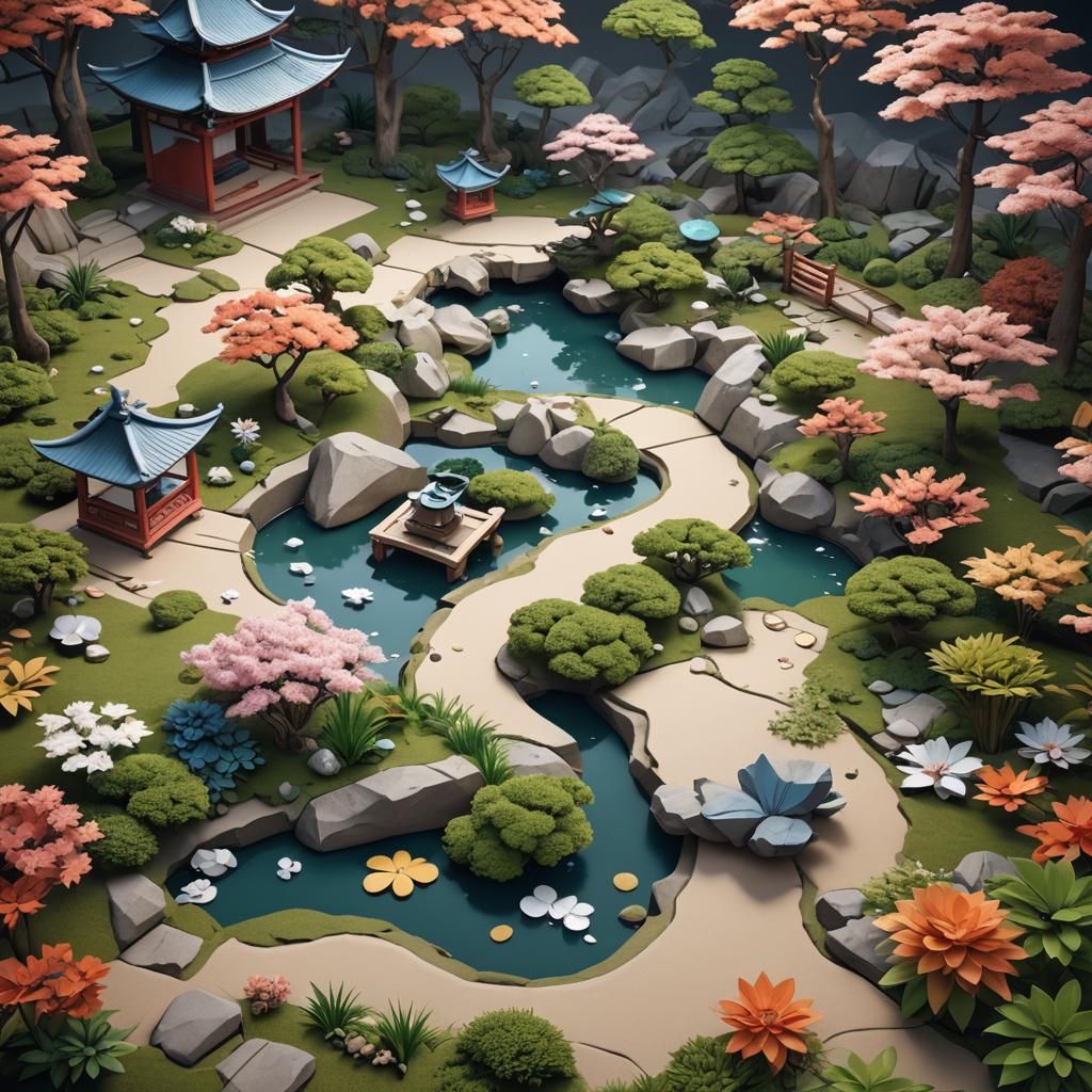 A zen garden with origami - AI Generated Artwork - NightCafe Creator
