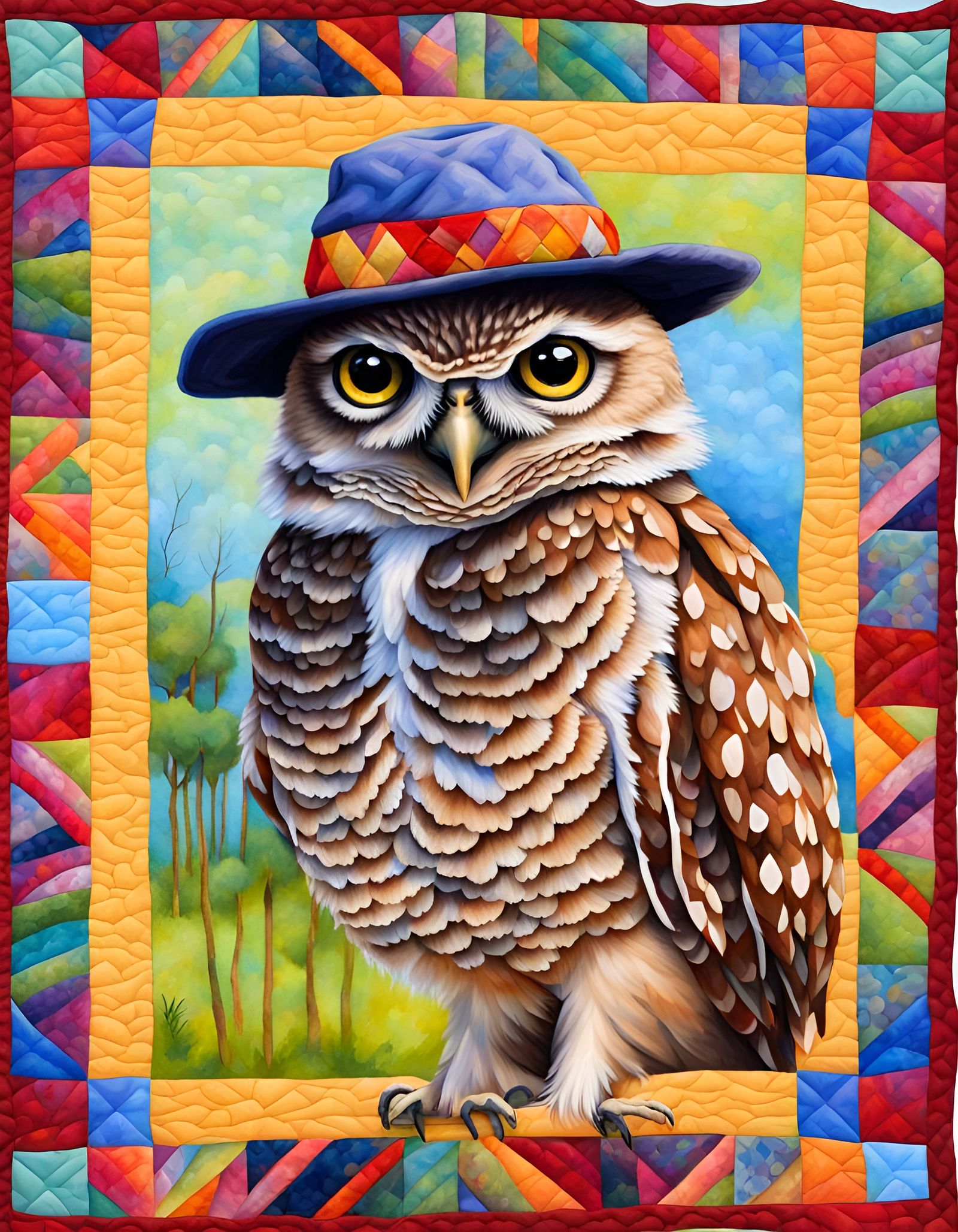 Burrowing owl with hat, fabric quilt - AI Generated Artwork - NightCafe Creator