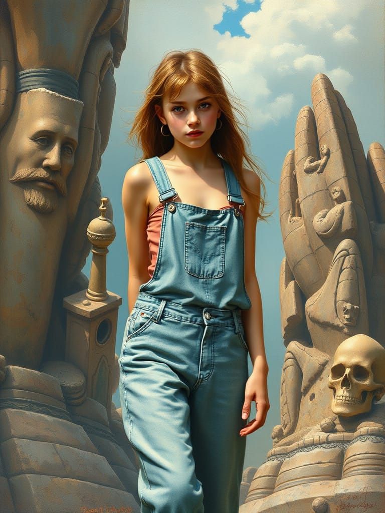 art by Pop Teller, Cute young woman wearing dungar... - AI Art