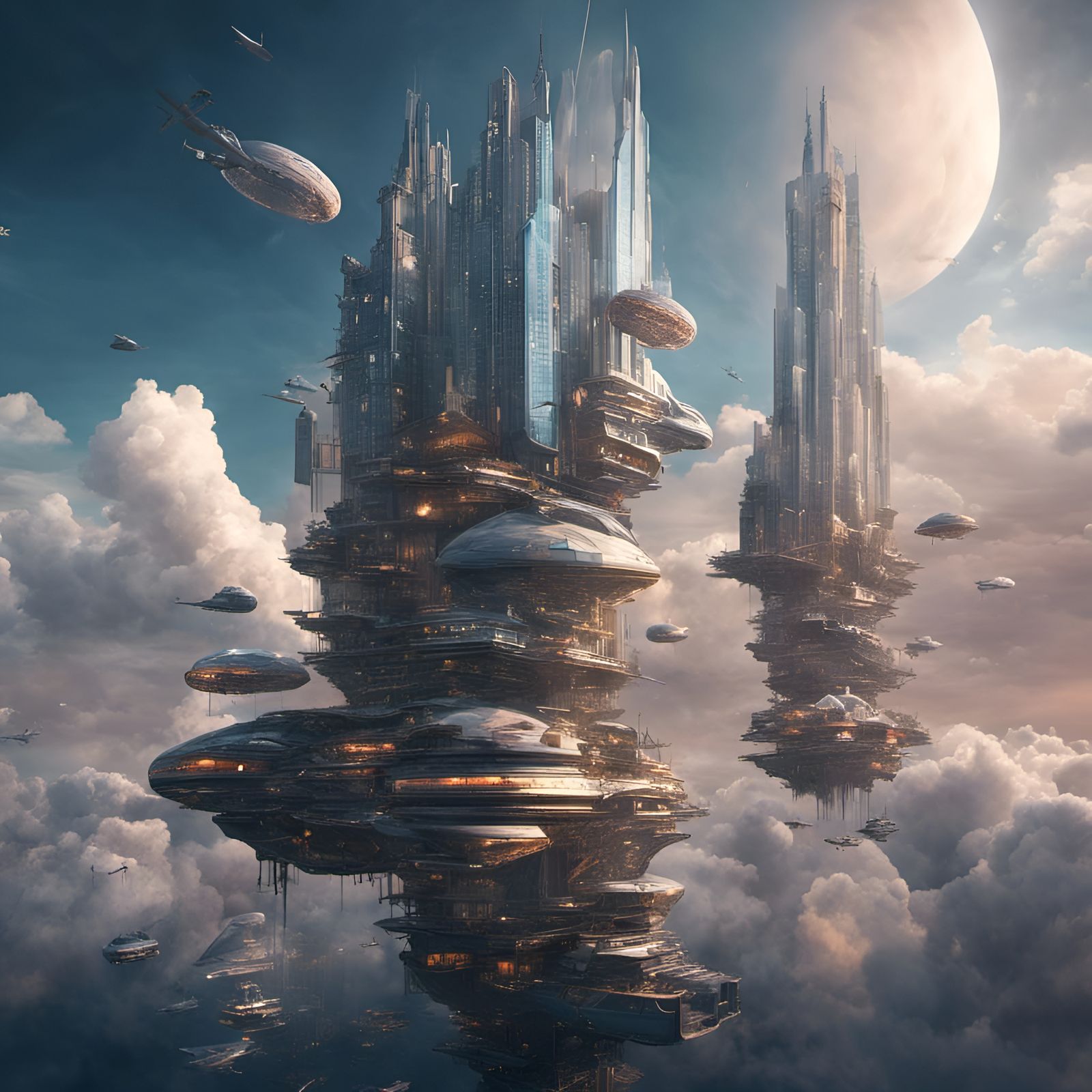 Futuristic NASA floating city in the clouds, skyscrapers, glass, flying ships, shiny, new, 64k ...