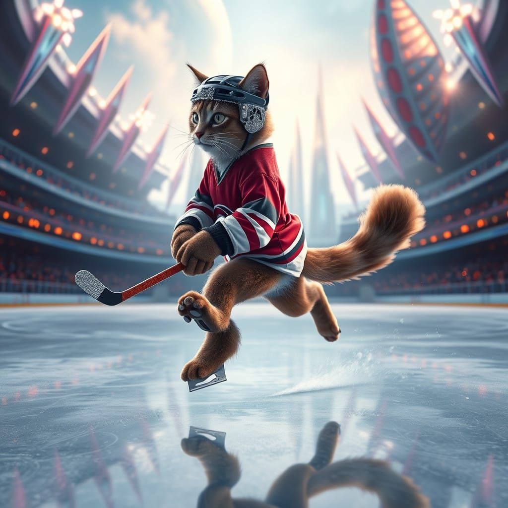 Cat on the ice rink - Majestic Feline Hockey Pro in Cyberpun...