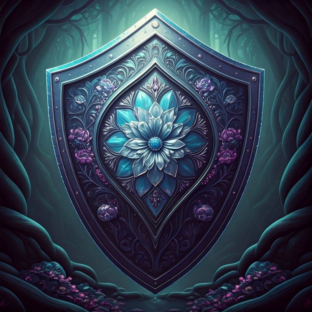 Cyberpunk Shield with Magical Flowers and Neon Cir... - AI Art