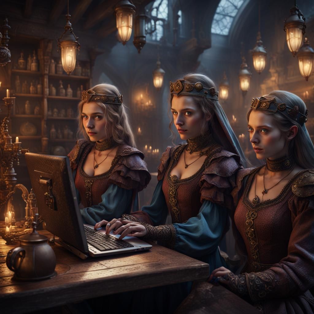 Creation: night cafe medieval girls with computer and talk to beetwen ...