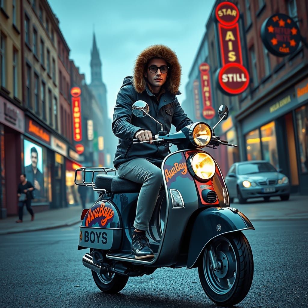 Mod wearing a parka on a mod scooter wrapped in "away boys" artwork