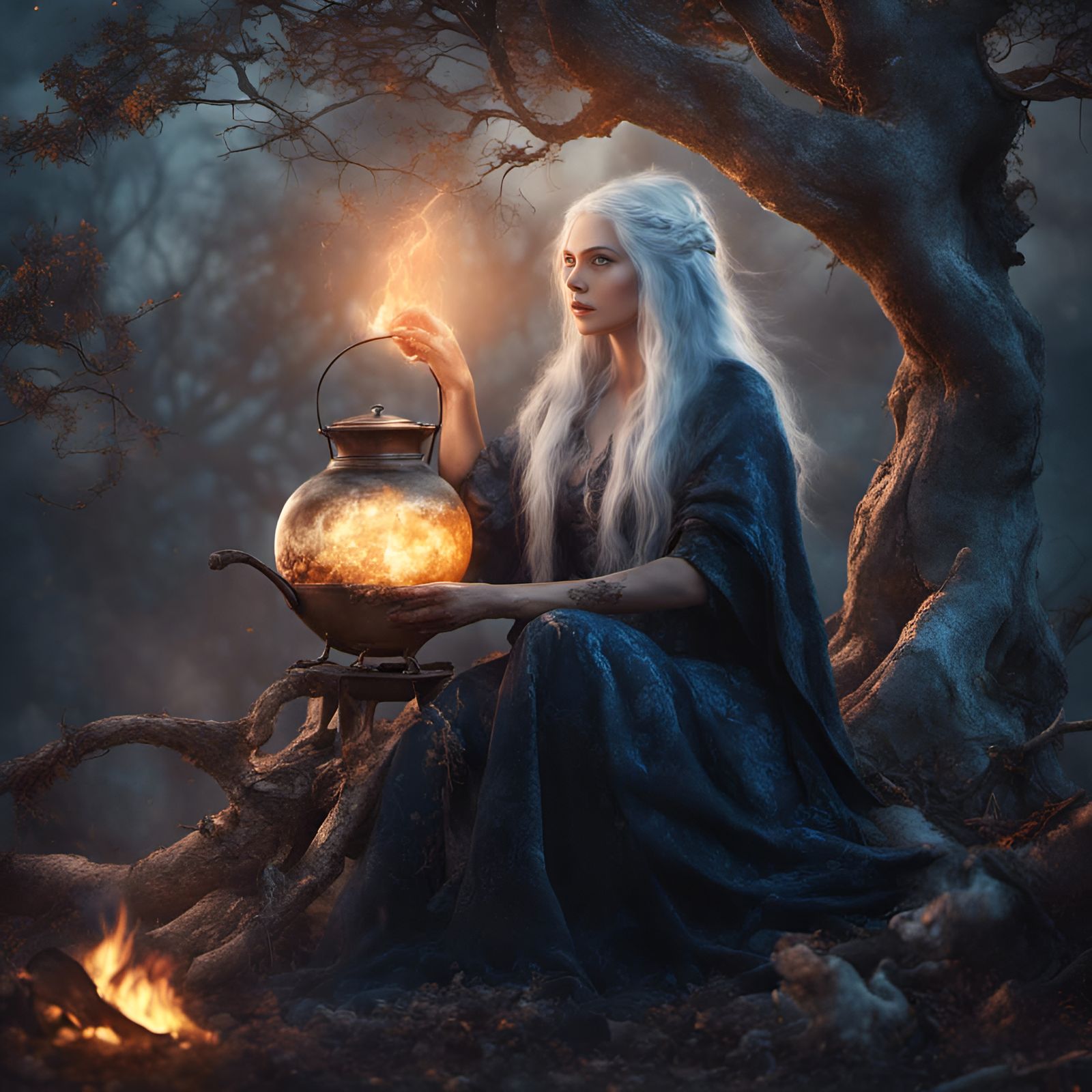 beautiful witch with silver hair and blue eyes, cauldron over a fire ...