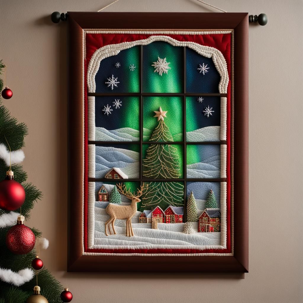 Embroidered wall hanging on a wall filled with Christmas decorations ...