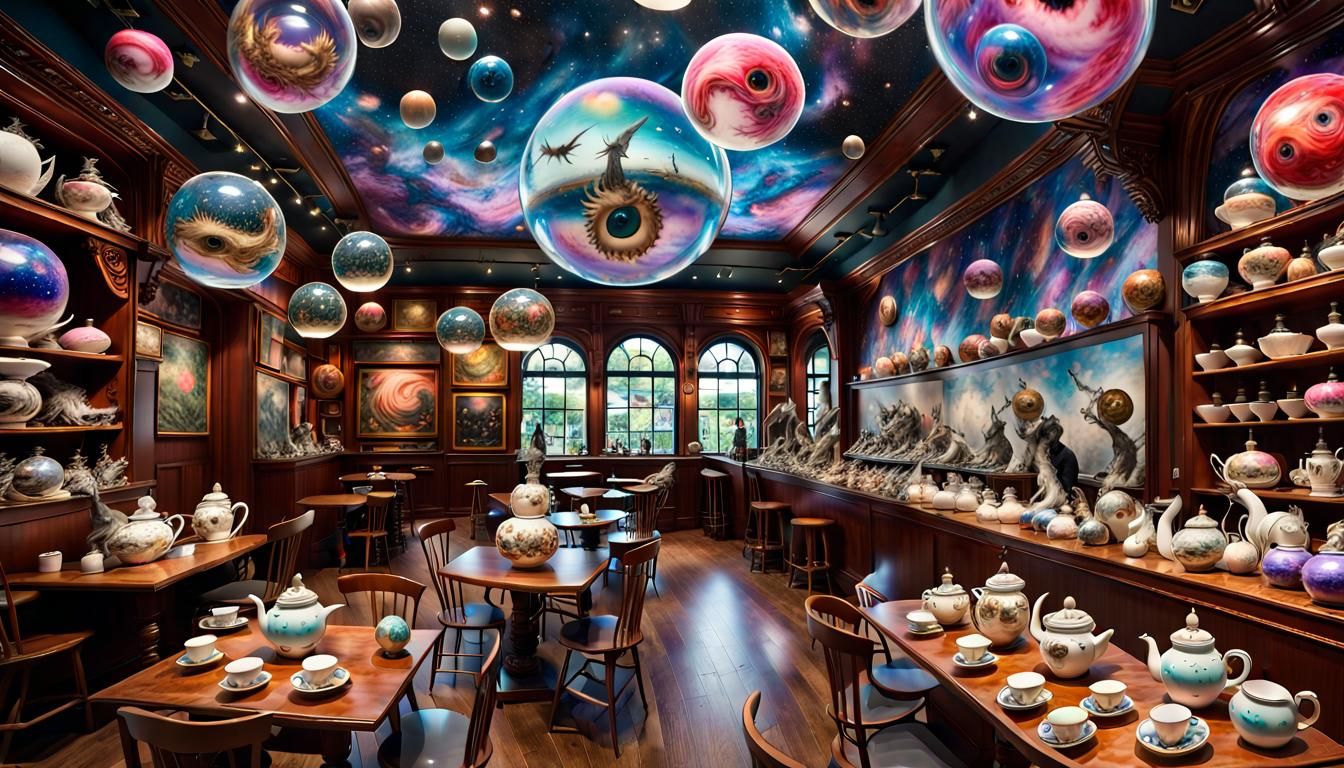 a maximallistic cafe filled with cats unicorns dragons pirates glass ...