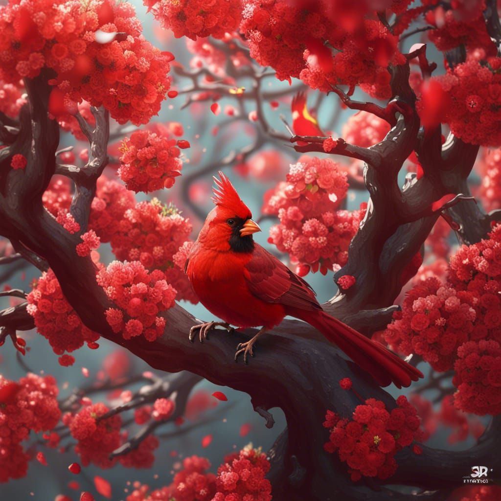 Cardinal in a tree of red flowers - AI Generated Artwork - NightCafe ...