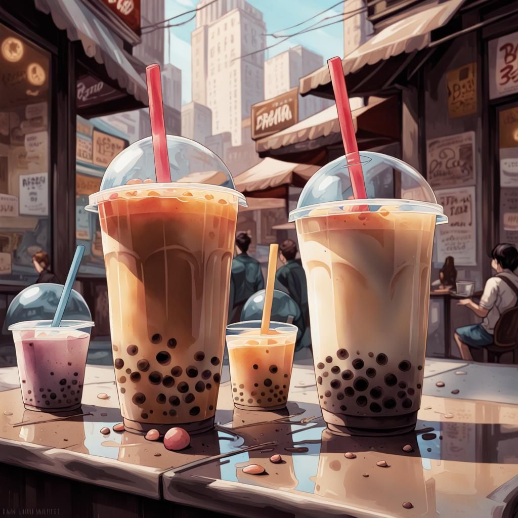 The perfect Bubble tea and a snack, boba, milk tea , watercolors ...