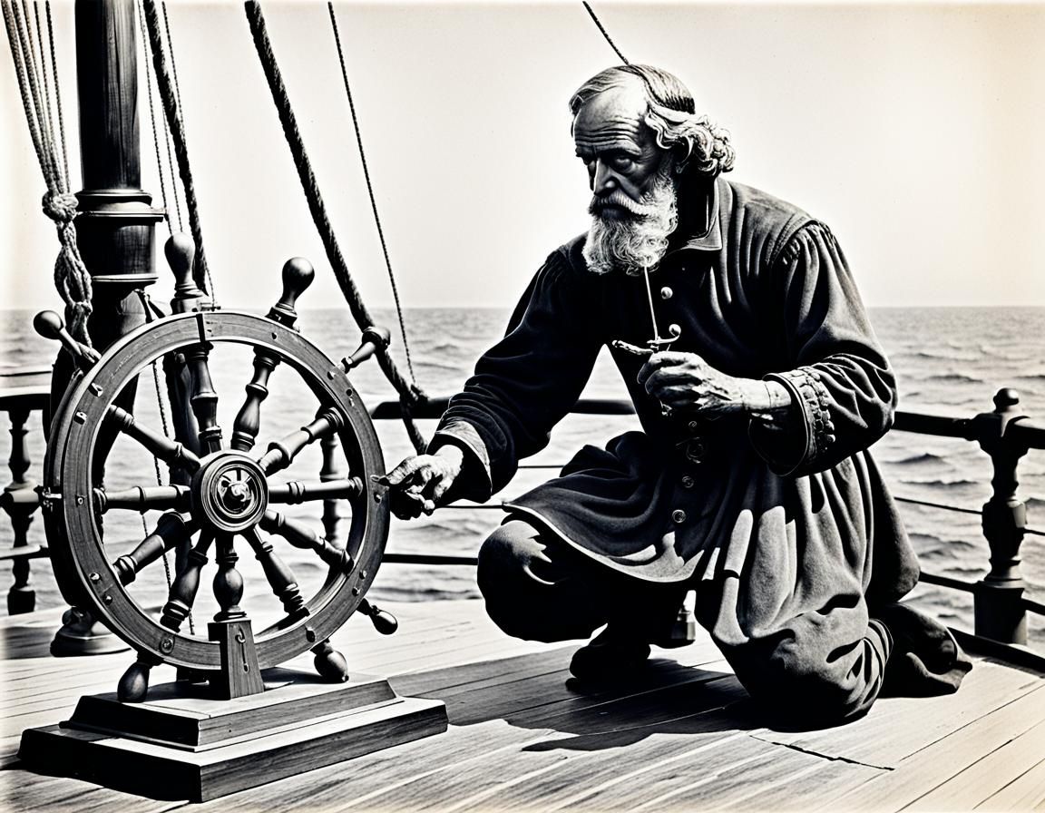 the ancient mariner uses an astrolabe on the deck of a sailing ship at ...