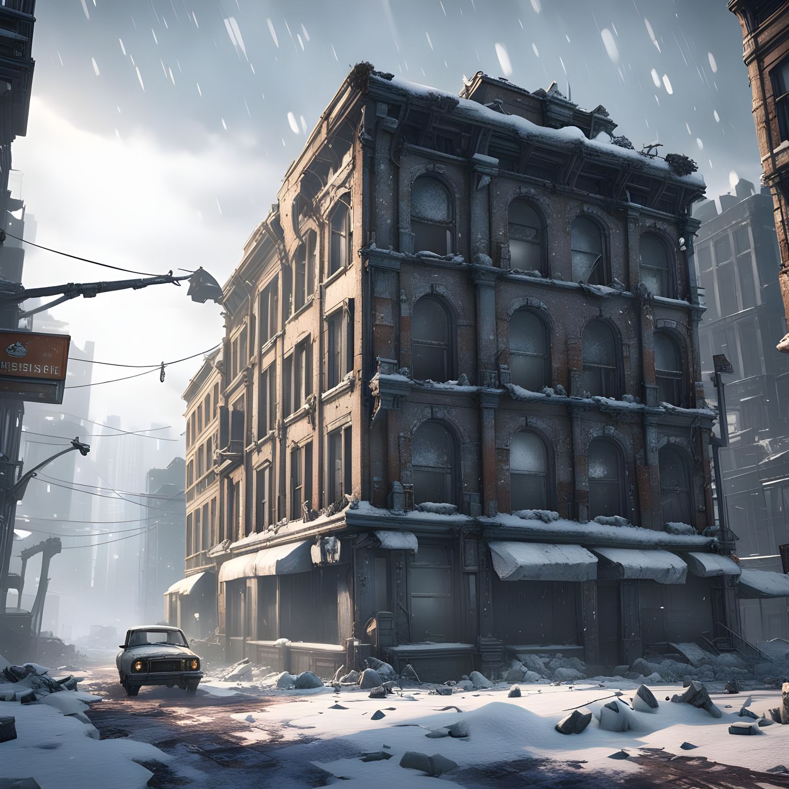 Abandoned Cityscape Under Snowy Apocalypse - AI Art