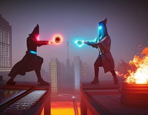 Dueling Wizards Above The Sprawl - AI Generated Artwork - NightCafe Creator