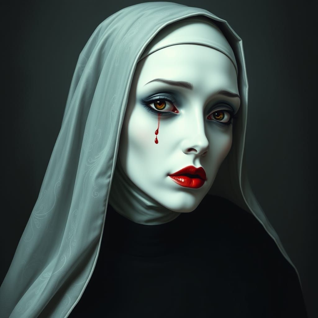 a palewhite ghost nun dressed in black, red lips and a single red tear