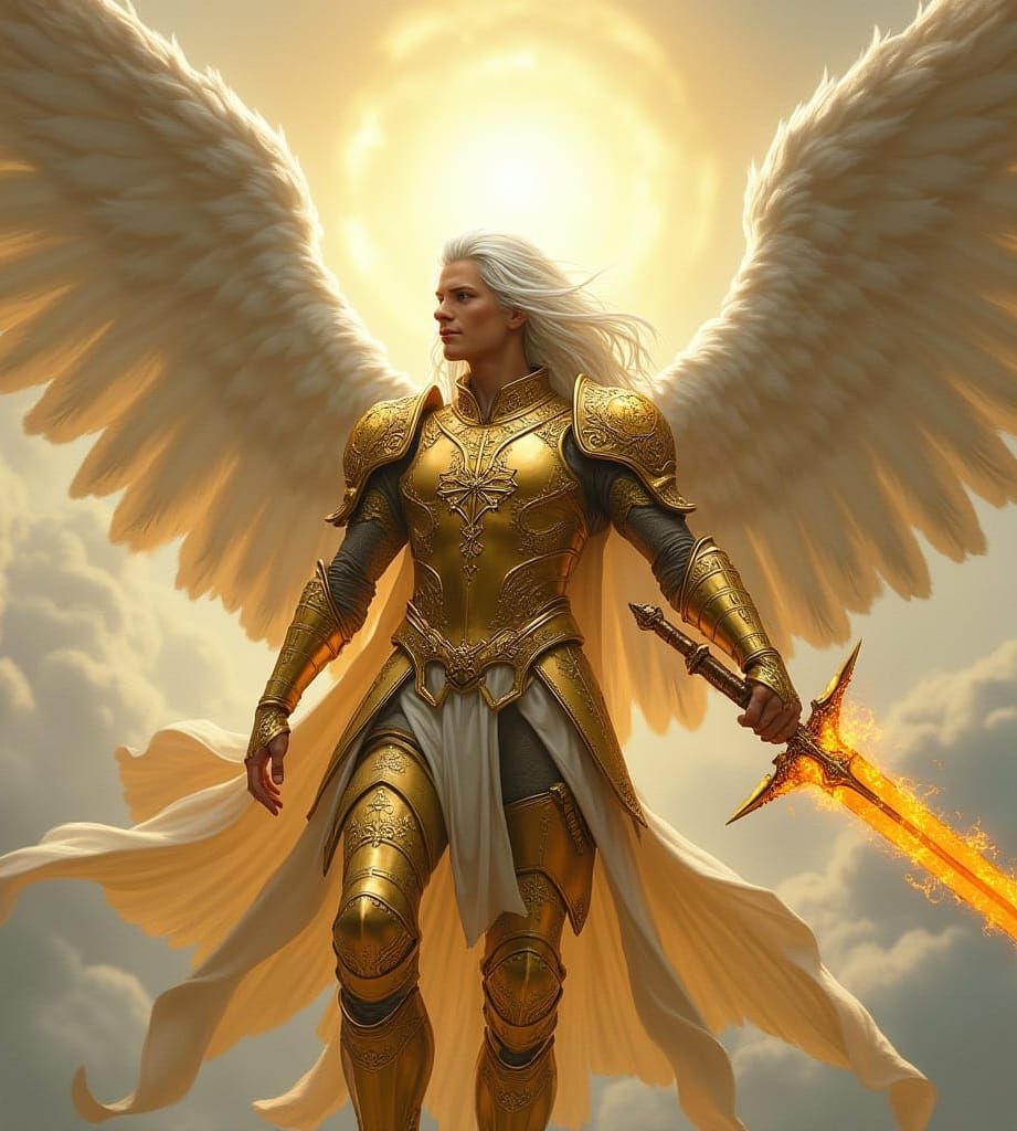 Aasimar paladin Two handed sword - Angel Knight in Golden Ar...