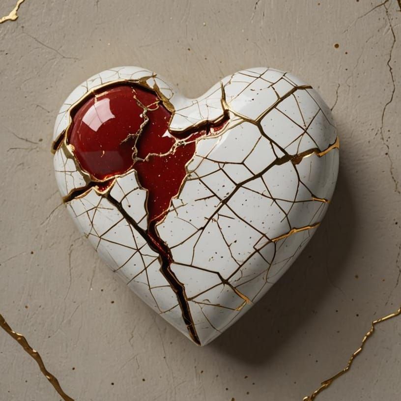 A Kintsugi ceramic heart with a unique design. It has a speckled ...