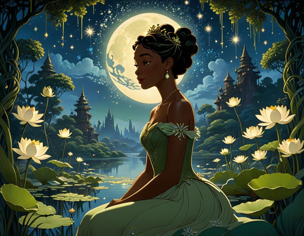 Princess Tiana surrounded by Lotus flowers
