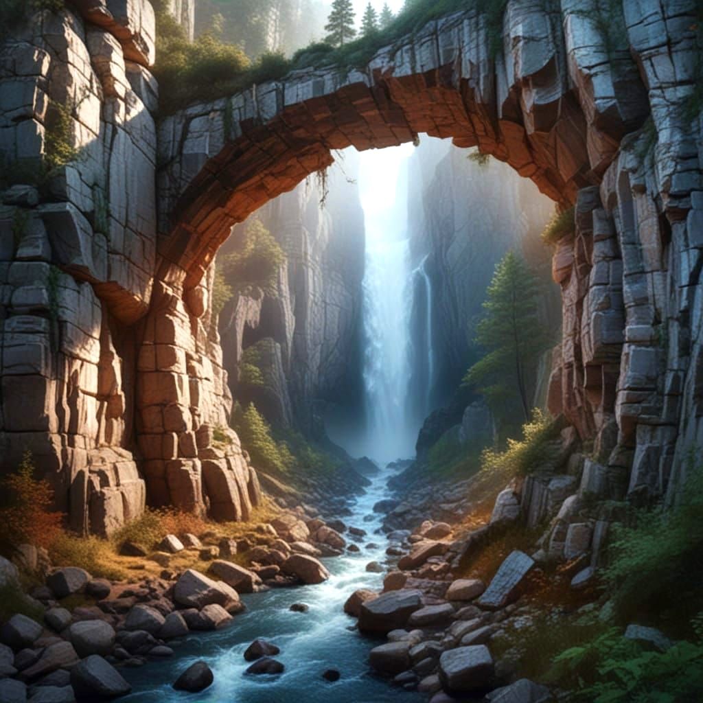 Natural Stone Arch Dominates Ravine Landscape - AI Art