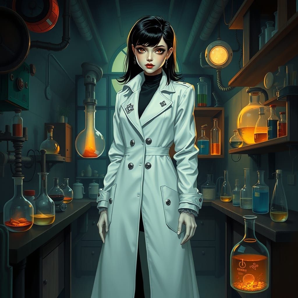 Abbs, from NCIS, Goth look in white lab-coat