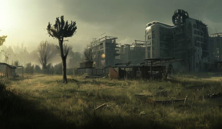 Beautiful day in post-apocalyptic landscape of the suburbs of the ...