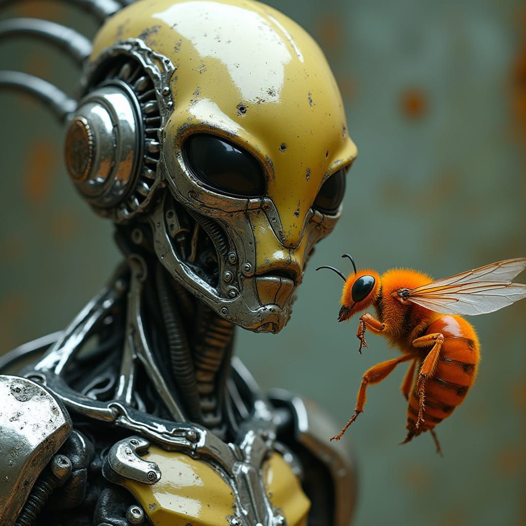 Surreal Alien Cyborg with Mechanical Bee - AI Art