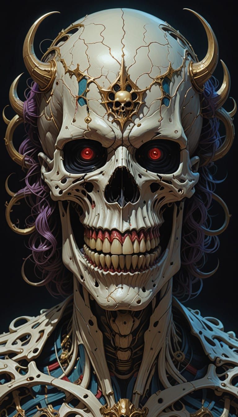 Laughing demon with a skeletal head with horns and glowing red eyes and ...