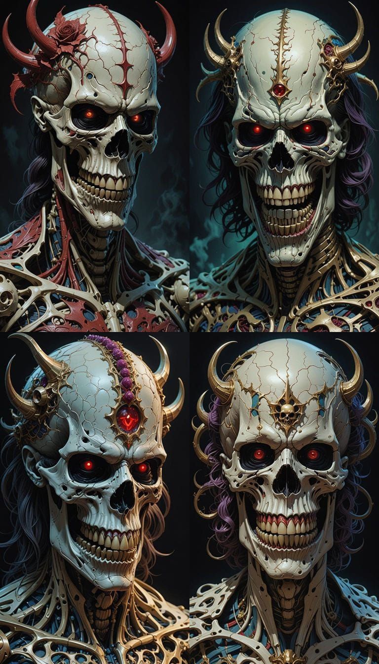 Laughing demon with a skeletal head with horns and glowing red eyes and ...