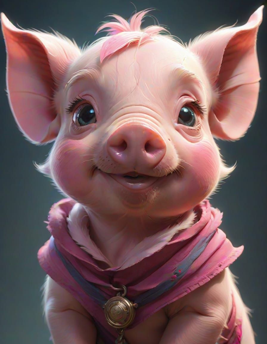 Vibrant Cartoon Piglet Portrait in Hyperdetailed S... - AI Art