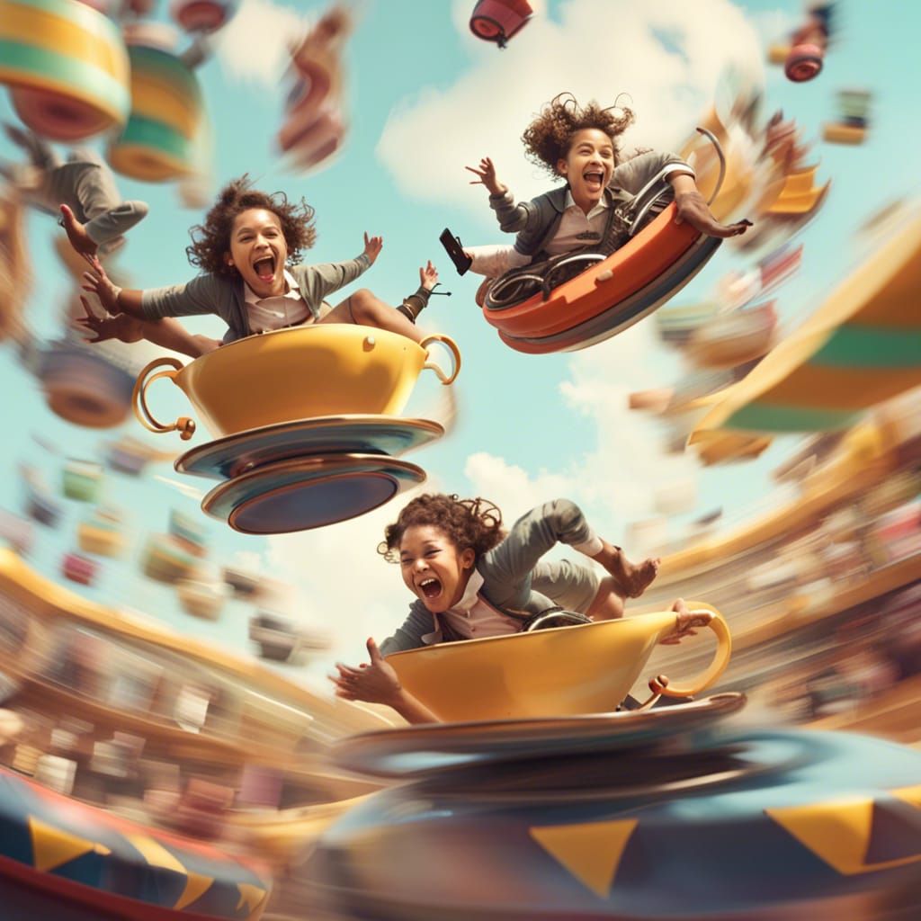 Teacup riders as they furiously spin around throwing riders from the ...