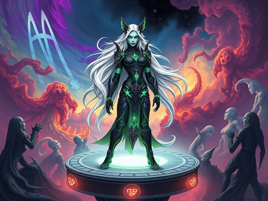 Feline alien warrior queen holding court