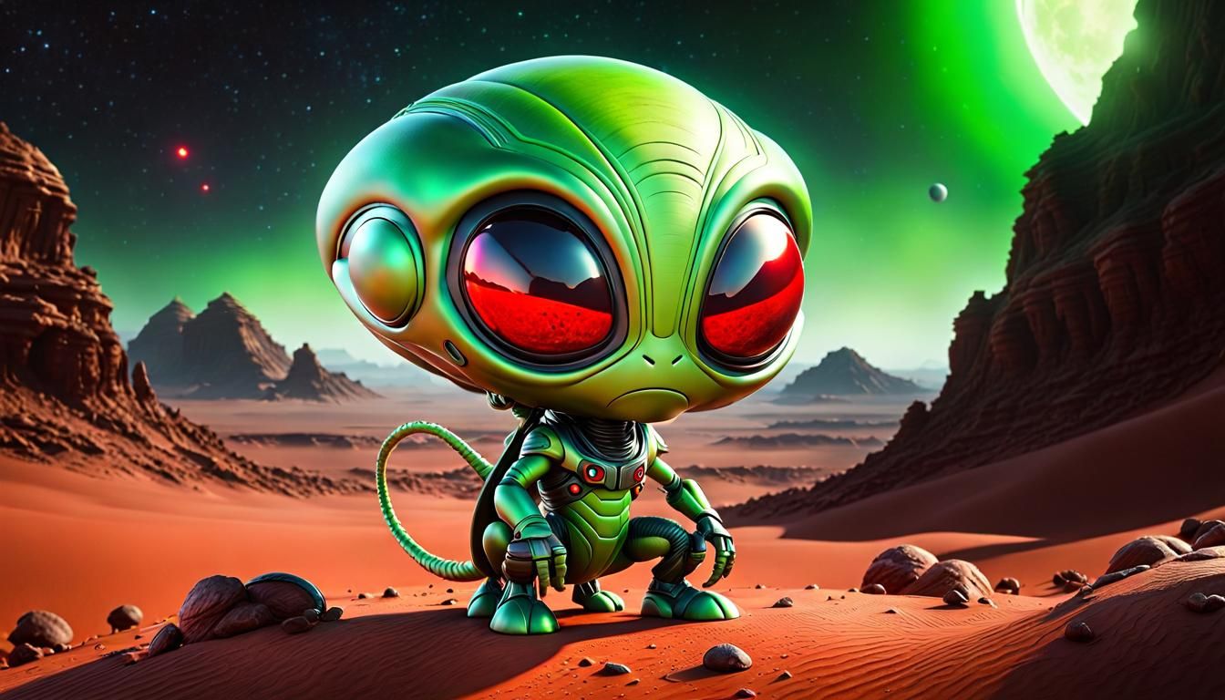 Close, cute friendly green alien chibi with massive swollen head with ...