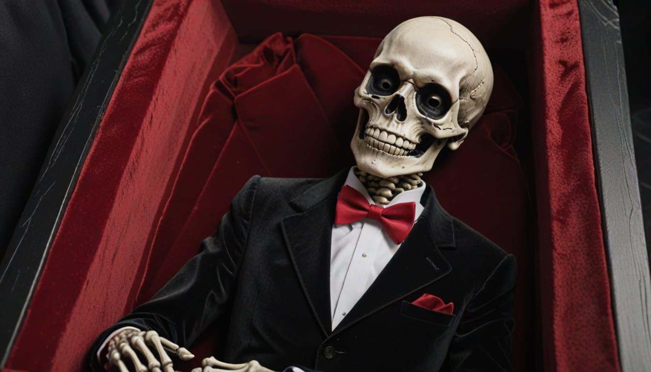 Skeleton in Tuxedo Grinning in Red Velvet Coffin - AI Art