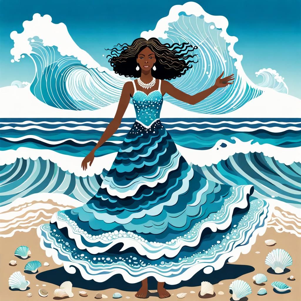 African American lady standing on the beach. Waves of Caribbean blue ...
