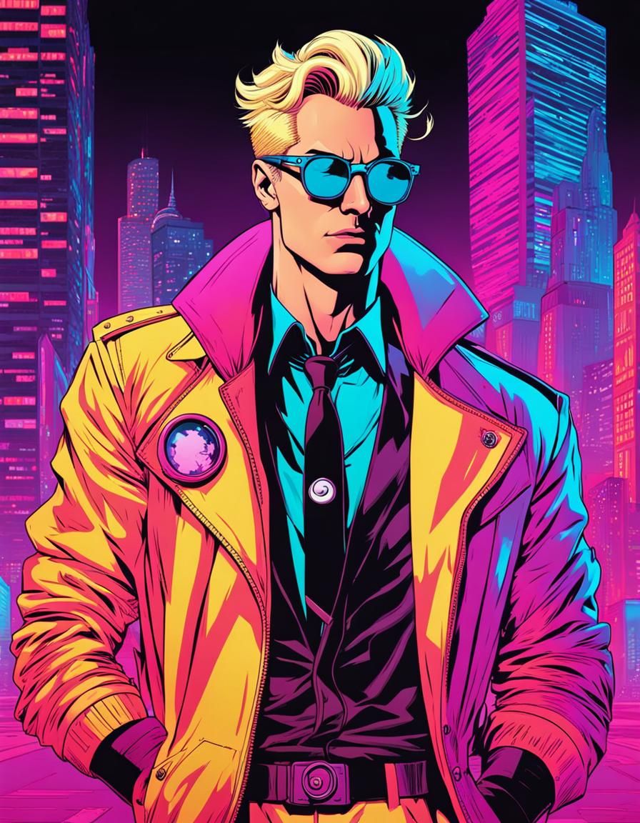 (blonde baldish skinny guy)synthwave neon retro, with glasses and a big ...