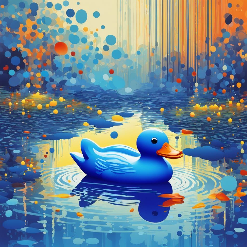Rubber duck - Blue Rubber Duck in Mystic Pond: Abstract Dig...