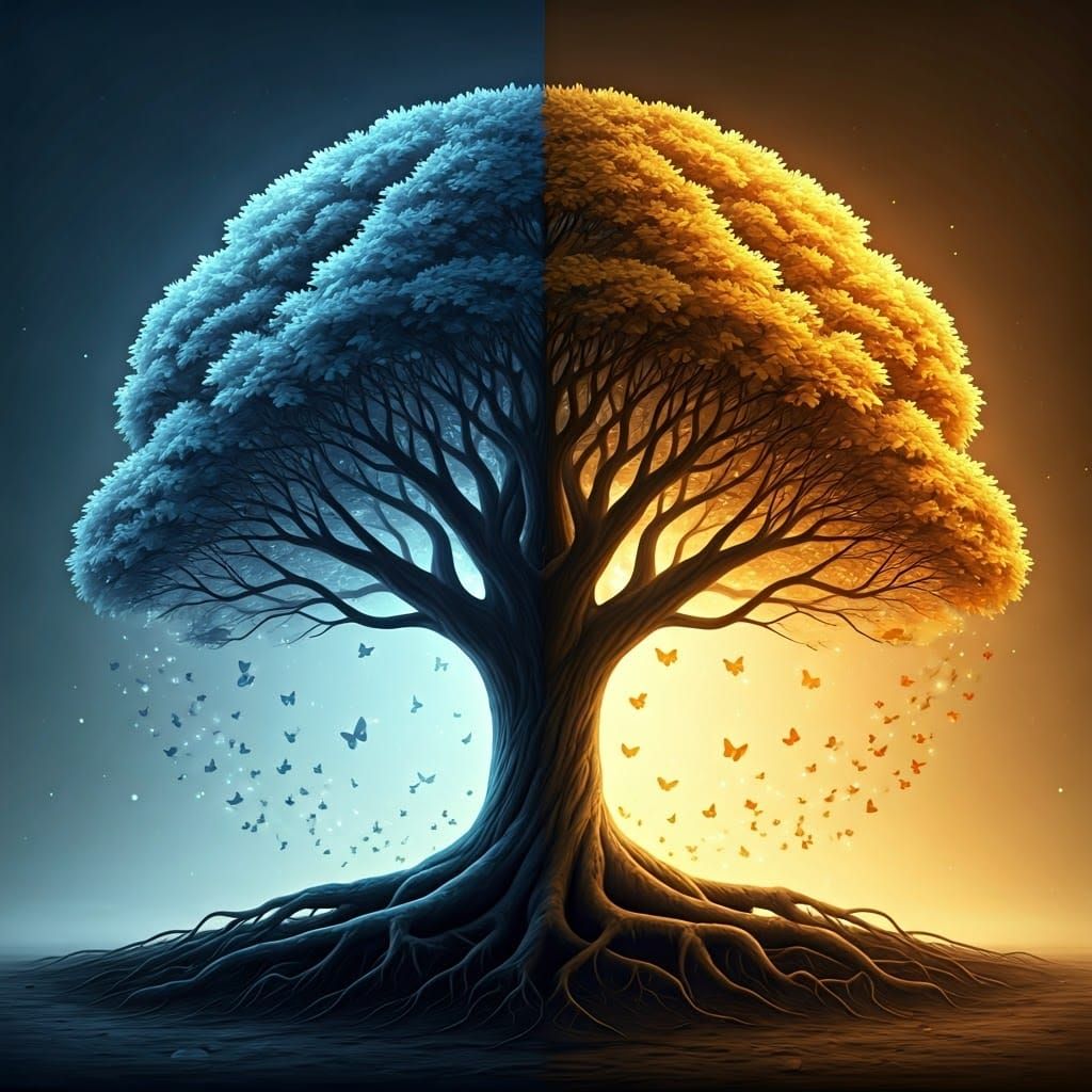 A solitary tree divided into two distinct halves with butterflies around it