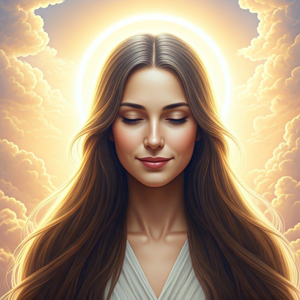 Angel in Soft Focus, Heavenly Sunshine, Cloudy Sky - AI Art