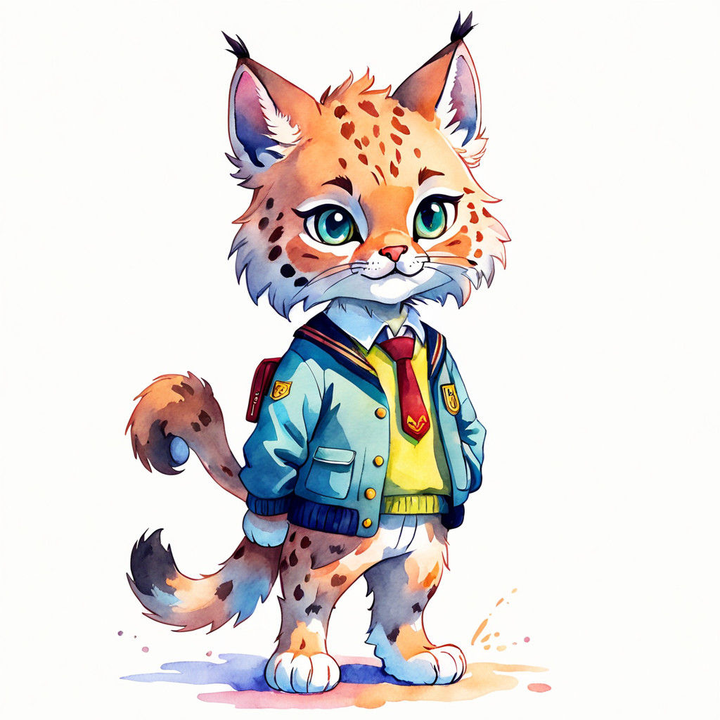 Whimsical Watercolor Lynx Cub in School Uniform Ca... - AI Art