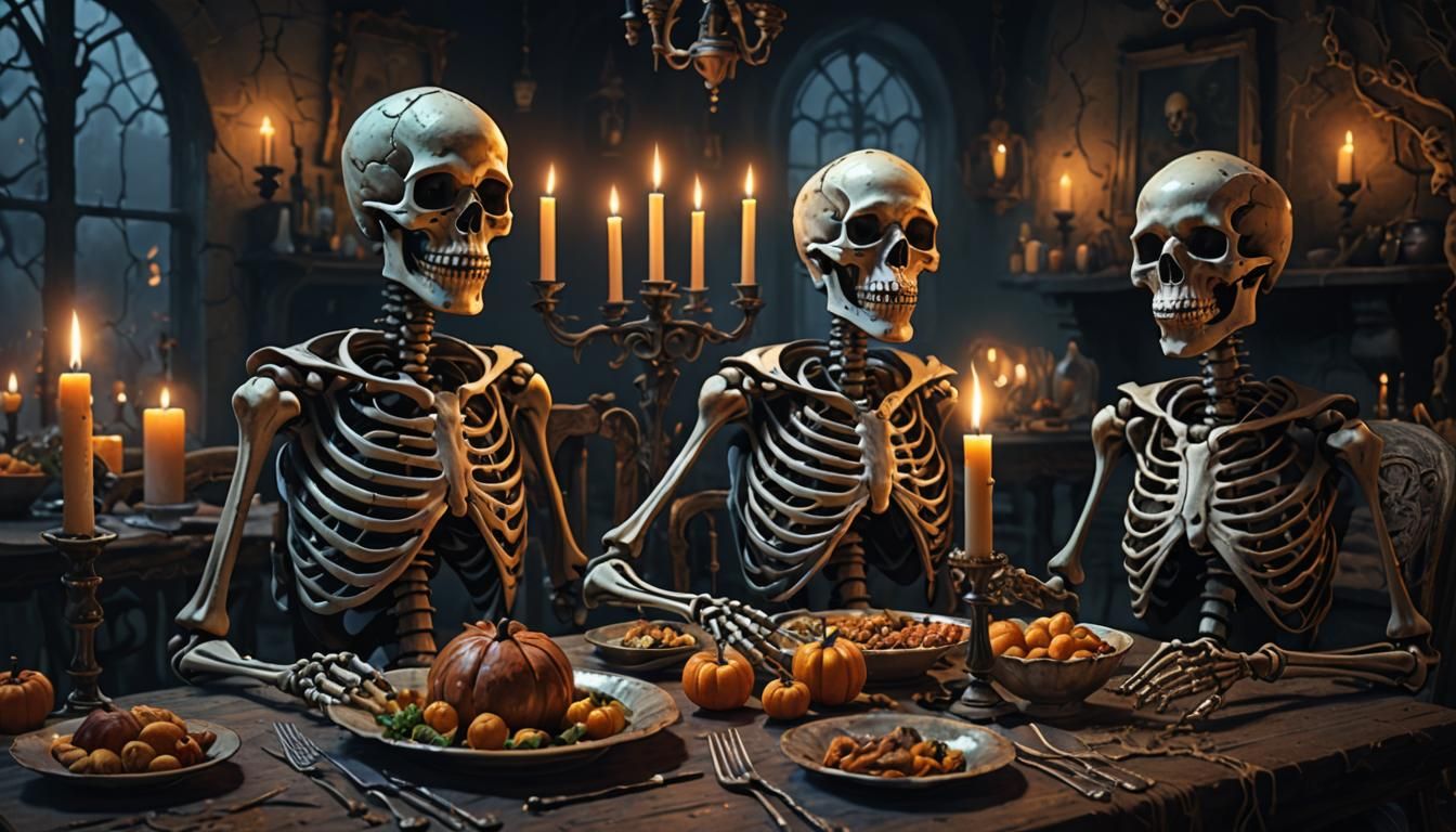 skeleton family having a candlelit dinner, impressionist painting ...