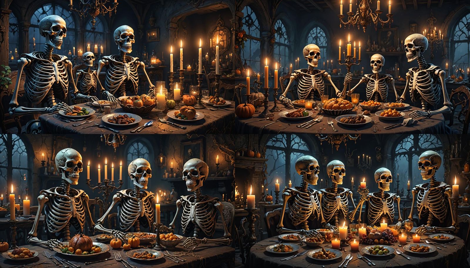 skeleton family having a candlelit dinner, impressionist painting ...