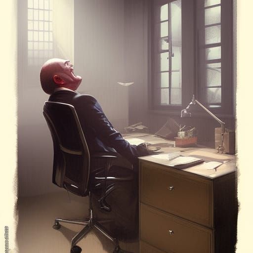 An evil businessman in his top floor office