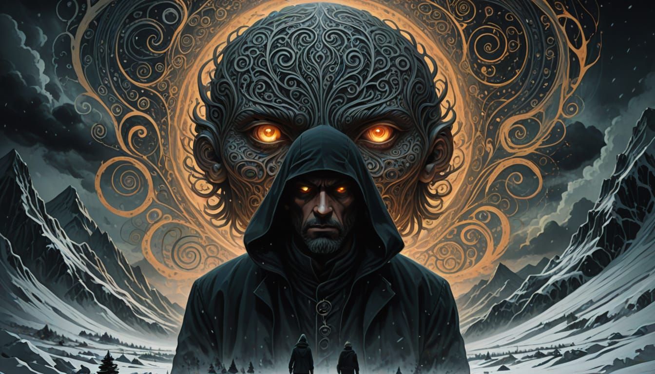 A man of an ominous face with glowing eyes