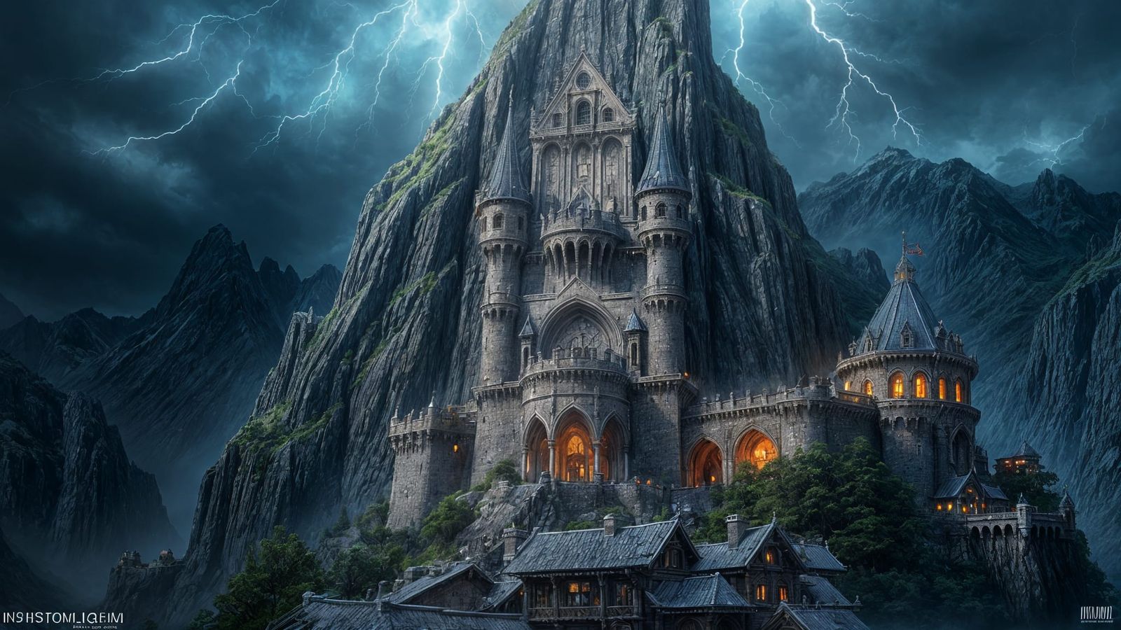 Dwarven castle inside a mountain face, stormy night, landscape, fantasy Epic cinematic brilliant ...