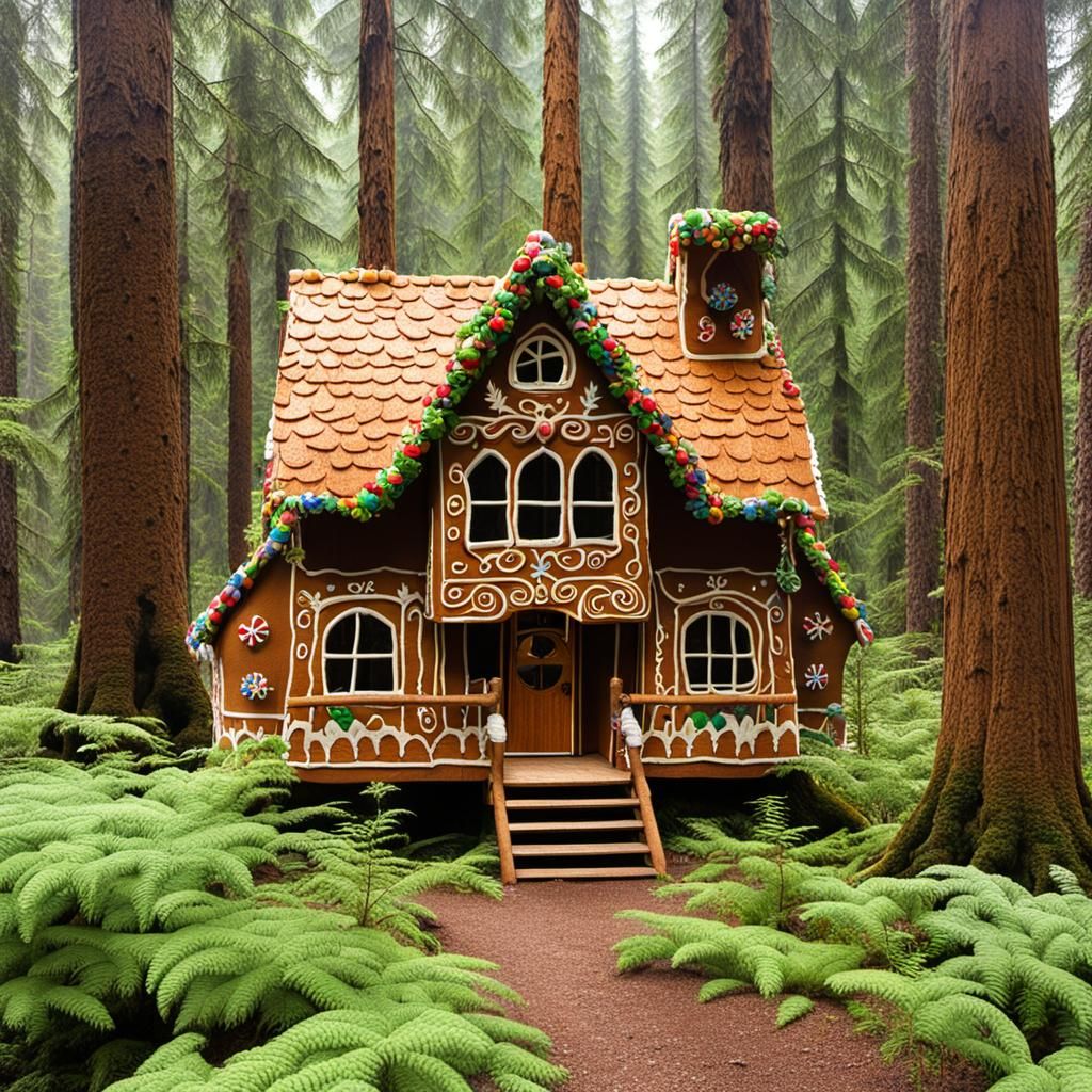 Whimsical Gingerbread Cottage Amidst Ancient Fores... - AI Art