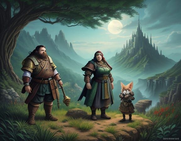 Dwarf Bard and Friends in Cyberpunk Manga Style - AI Art