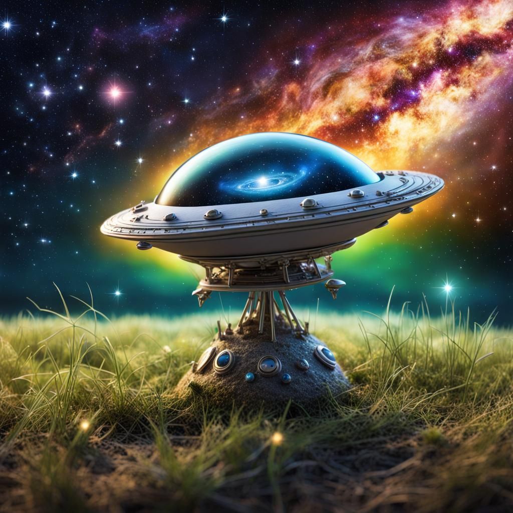 Photograph, Macro, miniature alien spaceship in the meadow, starry ...