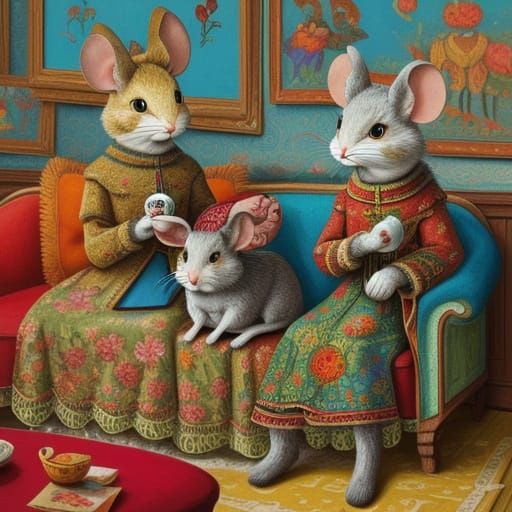 Whimsical Surrealism: Mice in Fur Coats Feast on R... - AI Art
